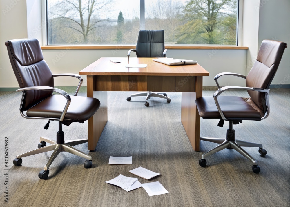 Empty office desk with two chairs, one turned over, papers scattered ...
