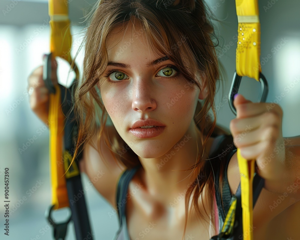 Determined Woman Performing Suspension Training Exercises for Strength ...