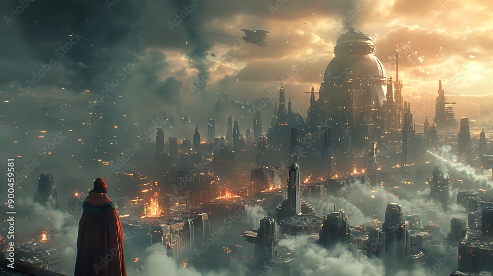 Alien invasion in a futuristic city with massive spaceships and ...