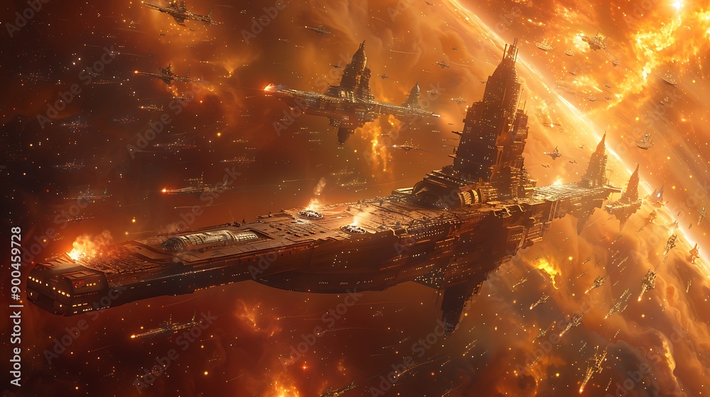 Space fleet engaging in an intense battle with alien ships in a star ...