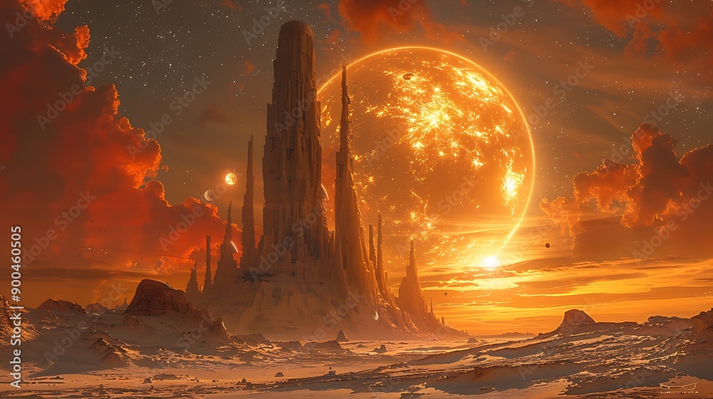 Alien desert planet with strange rock formations and alien creatures ...