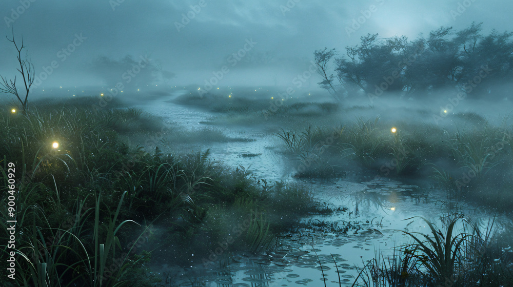 Fog floating over a swamp at night with fireflies glowing around a ...
