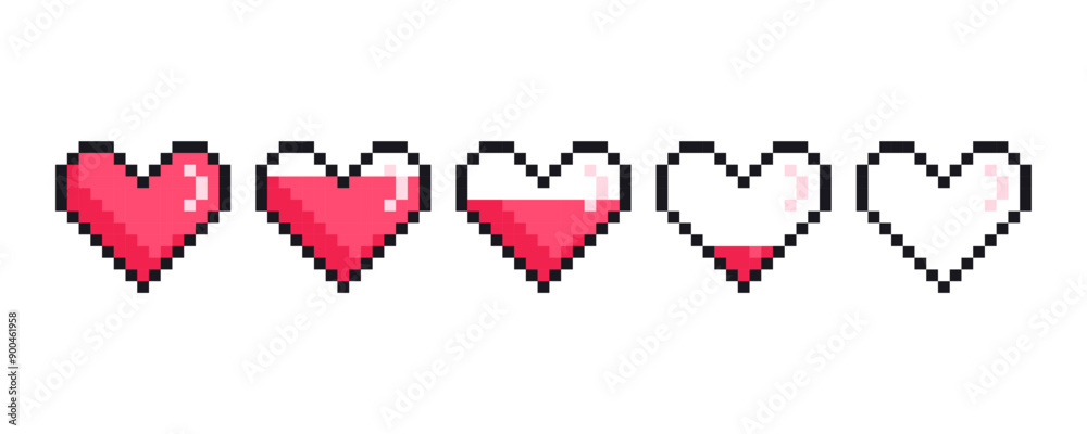 Pixel hearts game life bar. Game progress bars, life level, 8-bit indicators of health, life ...