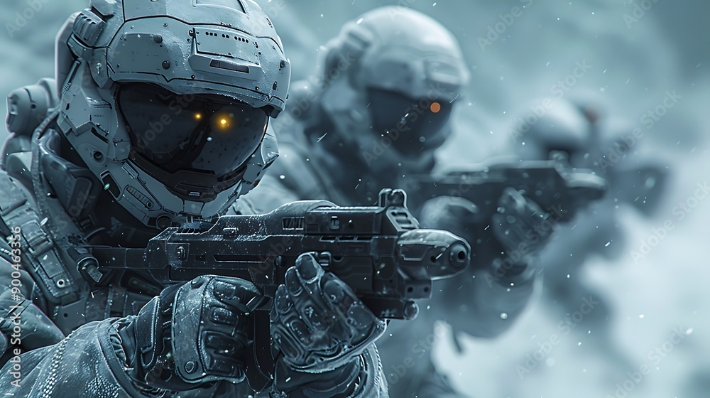 Soldiers equipped with advanced exoskeletons and weaponry preparing for ...