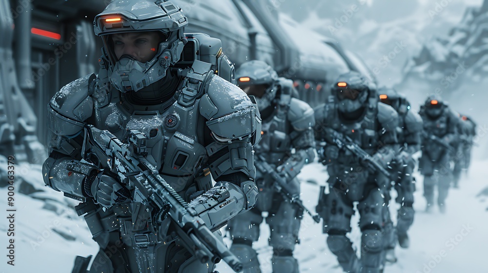 Soldiers equipped with advanced exoskeletons and weaponry preparing for ...