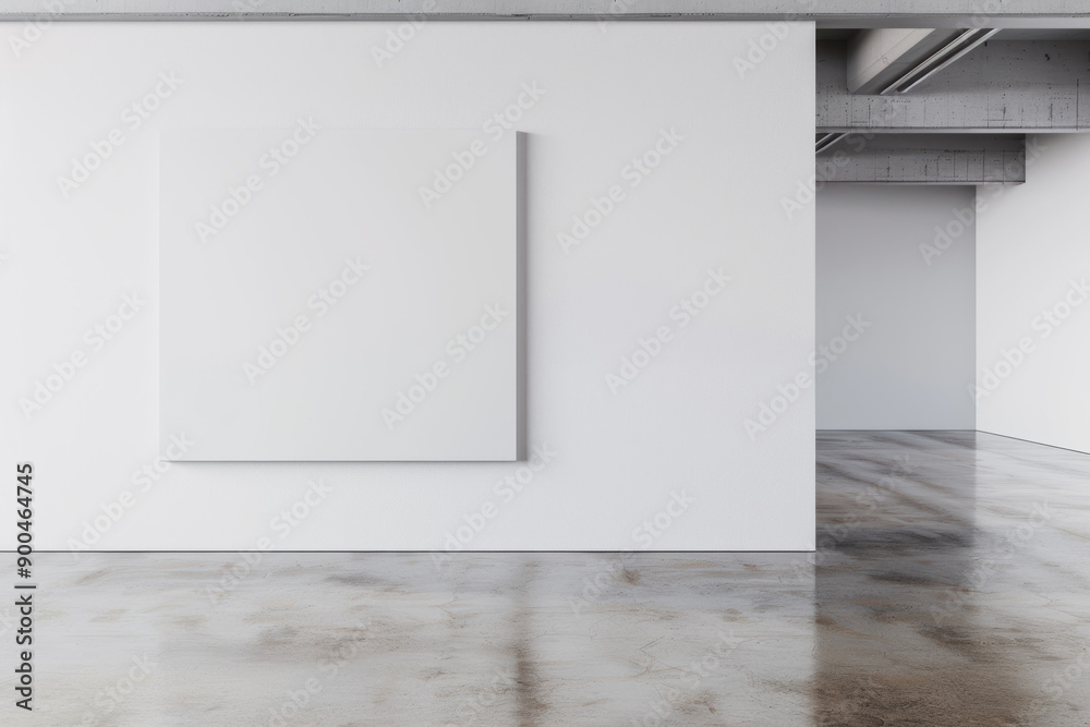 Modern, minimalistic empty art gallery with a single blank white canvas ...