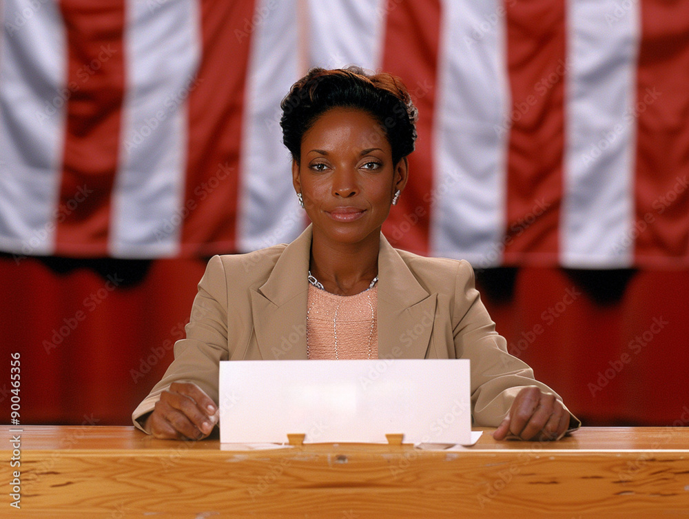Election campaign with african american woman and voting sign Stock ...