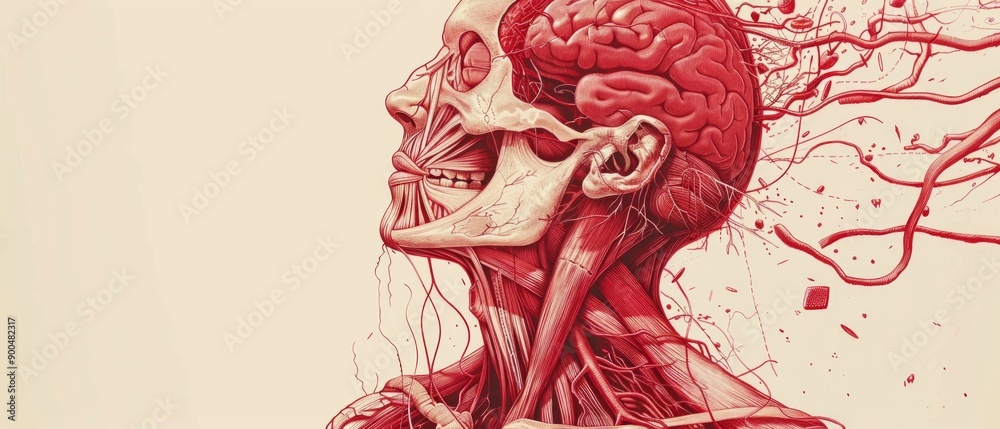 Of a human head in red colors with surreal elements. Detailed anatomy ...