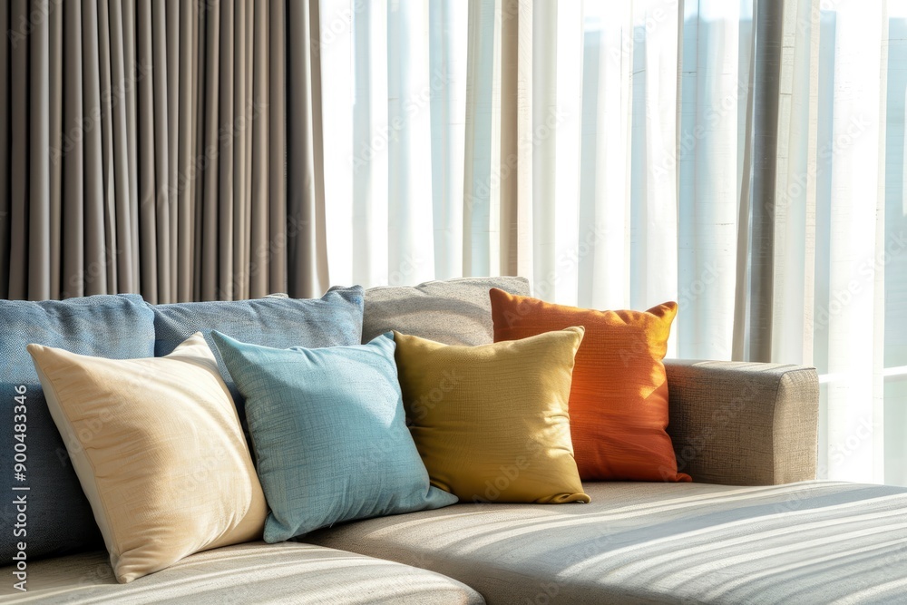 Corner sofa set with three pillows in modern style, Sunny day outside ...