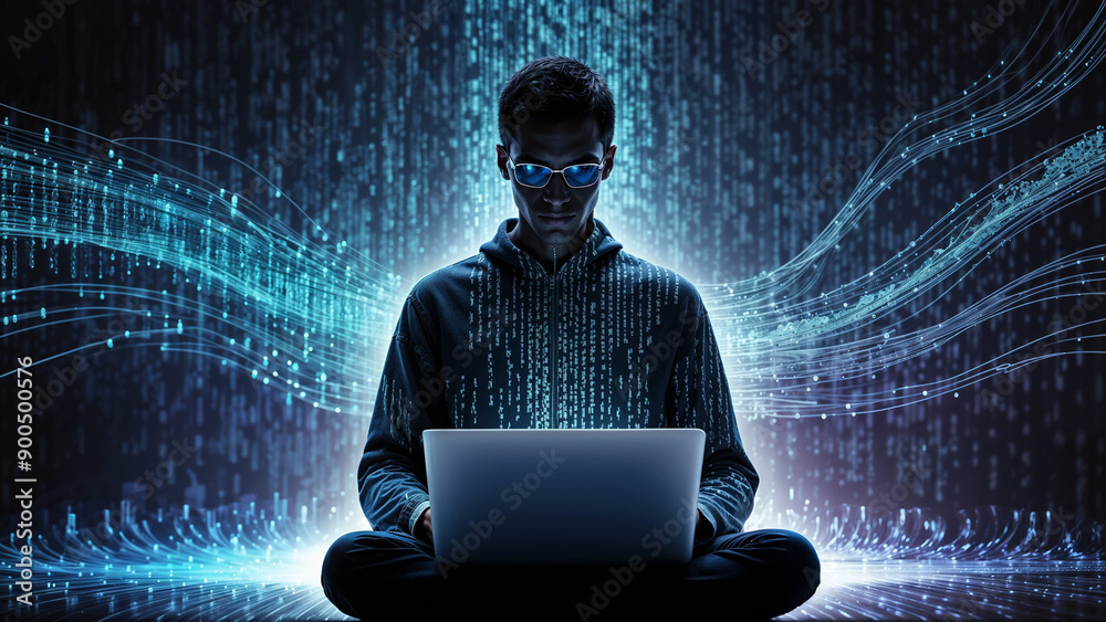 Creative cyberspace, silhouette man with laptop and Digital code around ...