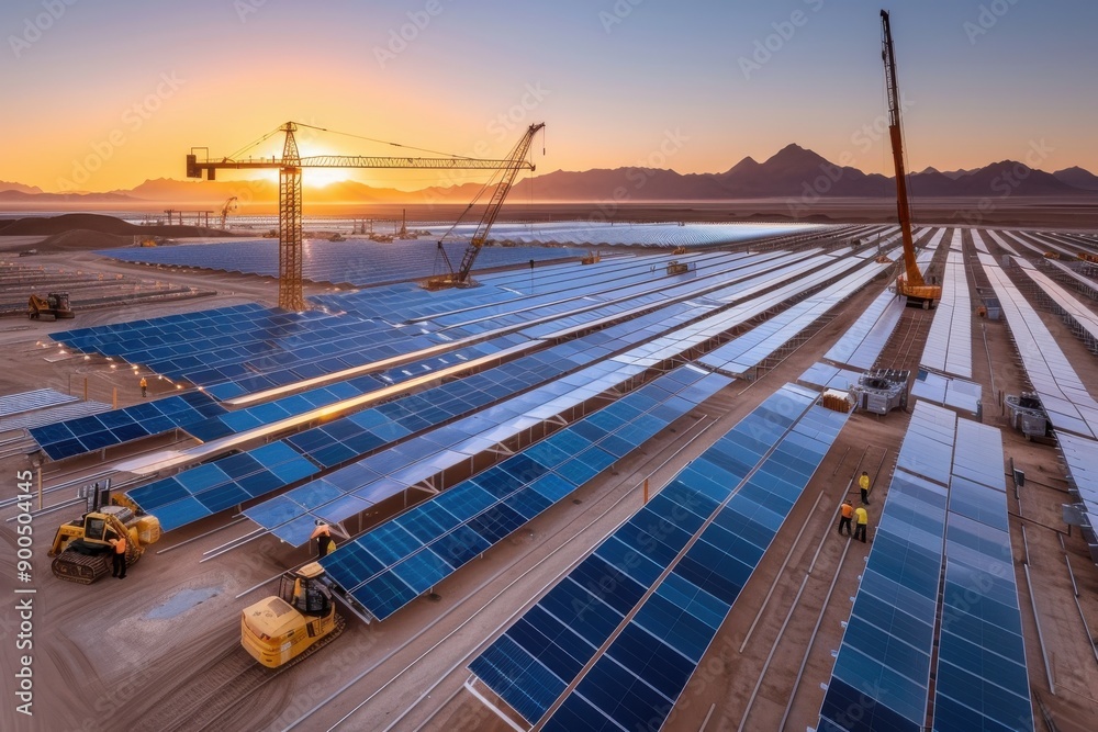 A breathtaking view of a large solar farm at dawn, complete with cranes ...