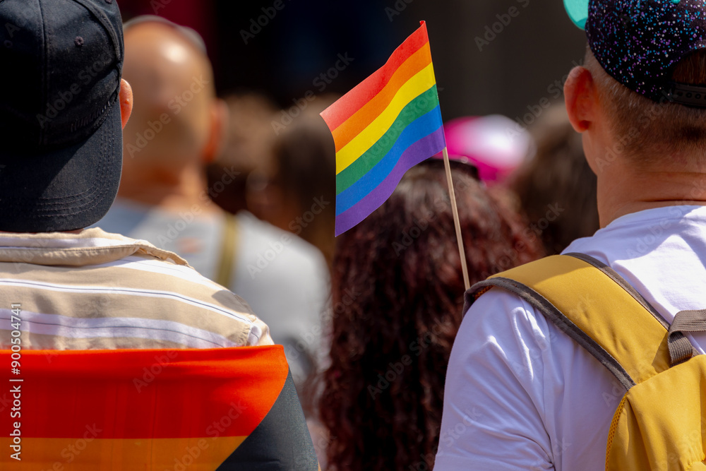 Celebration of pride month in Amsterdam, Peoples with mimi rainbow ...