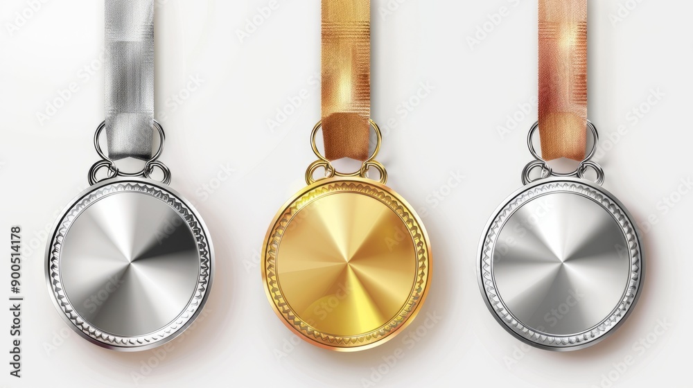 Award golden, silver and bronze blank medals 3d vector realistic illustration. First, second and ...