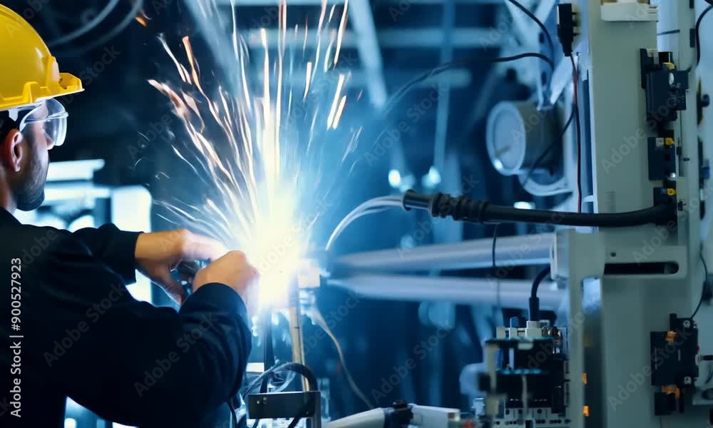 Industrial Welding Sparks Innovation: A skilled worker in a hard hat ...