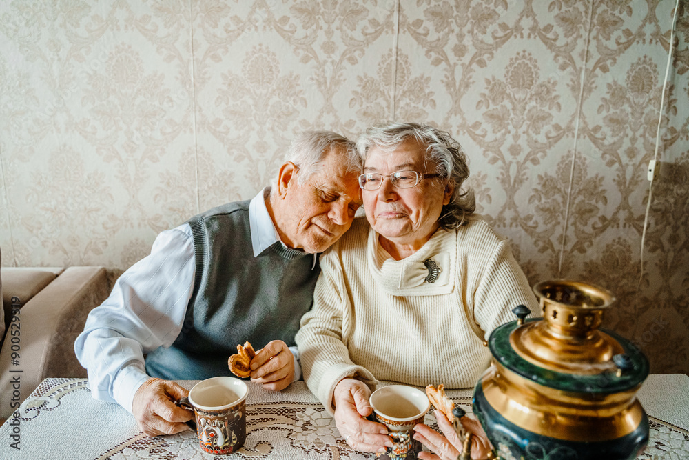 Elderly senior romantic love couple drinking tea with cookies from ...