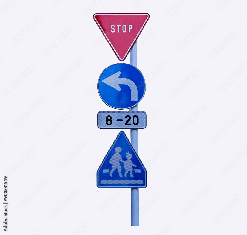 Road sign for Turn left arrow and blue allow pedestrian sign and Stop ...