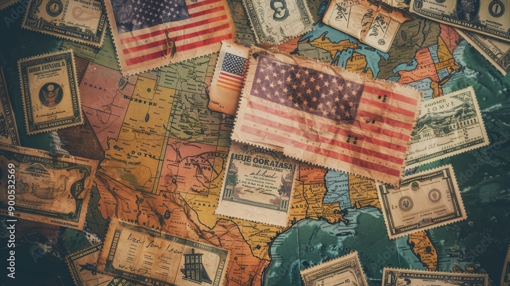 A map of the United States is covered with American money and a flag ...