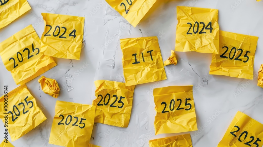 Sticky notes with "2024" and "2025" written in black ink, yellow notes ...