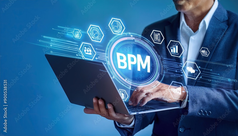 BPM, Business Process Management Concept. A businessman works on a ...