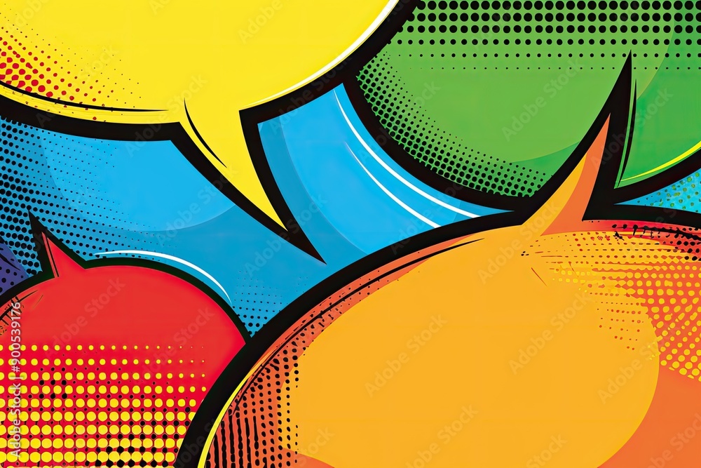 Colorful comic book-style speech bubbles with vibrant hues and dotted ...