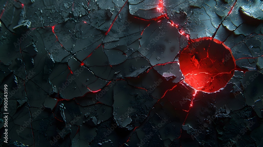 Cracked surface, shattered black wall, circular red core exposed ...