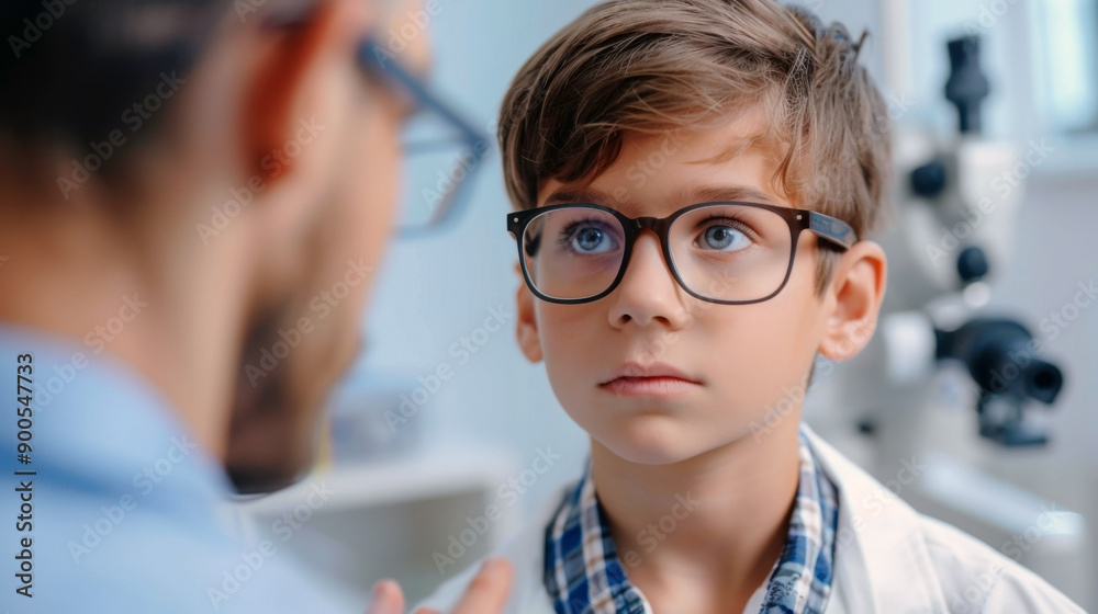 World Sight Day. A child at an ophthalmologist's appointment. Boy with ...