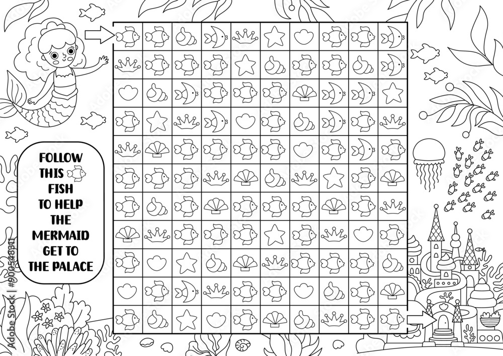 Mermaid black and white maze, seek and find game. Attention skills ...
