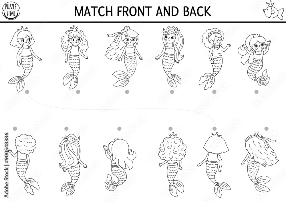 Mermaid black and white matching activity with front and back mirror ...