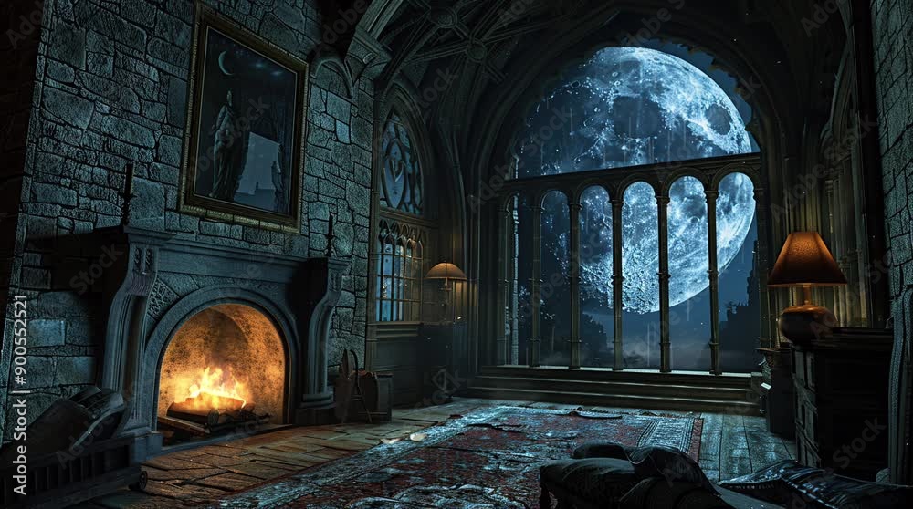 Castle room with a warm fireplace and a full moon glowing through the ...