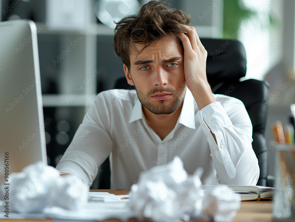 Exhausted energy of office worker: tired man in the office, sitting at ...