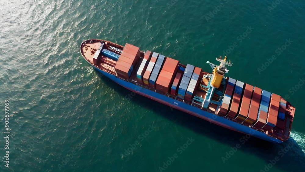 A container ship loaded with container boxes is docked, ready for ...