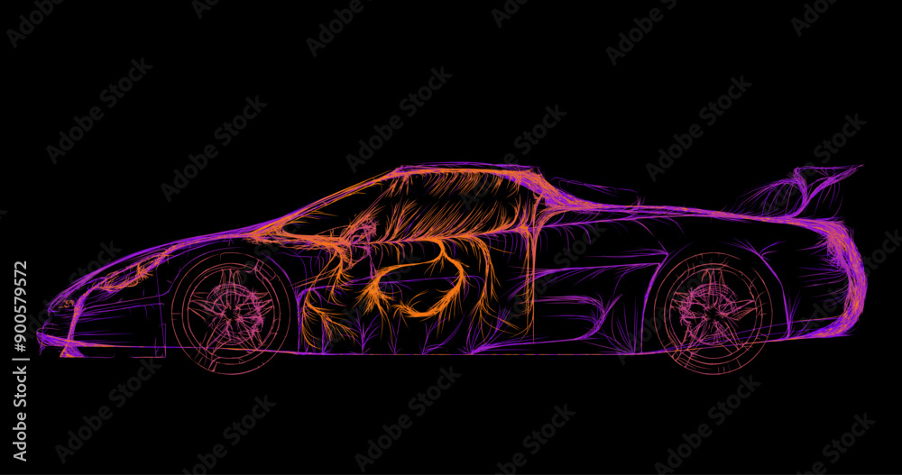 Composition of a car standing sideways from wavy lines along the ...