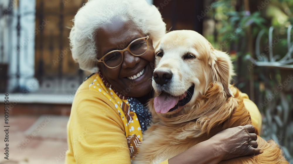Mature candid black woman cuddling golden retriever dog outdoors in ...