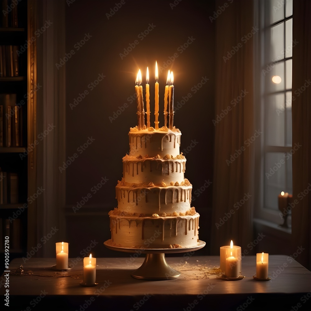 Tall, layered birthday cake with golden candles flickering in a dimly ...
