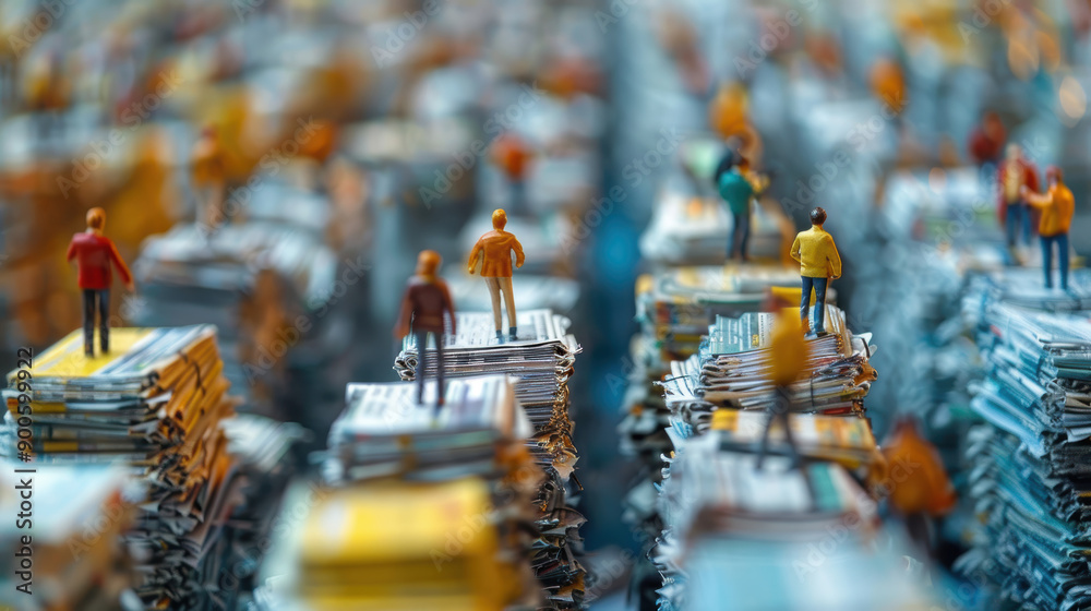 A group of people are standing on top of stacks of newspapers. The ...
