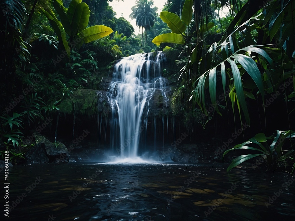 Tropical forest falls Waterfall amid dense jungle for immersive nature ...