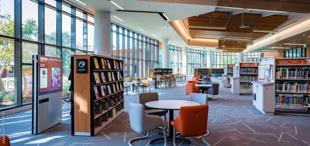 Modern library interior with minimalist bookshelves and tables and ...