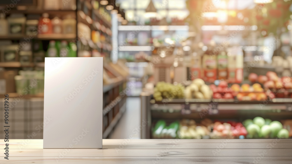 Vertical banner mockup in front of a blurred grocery store background ...