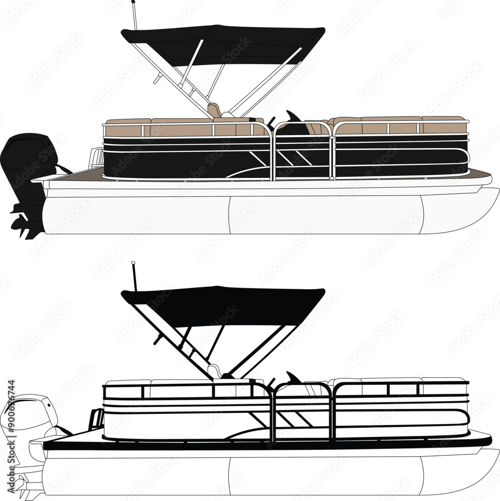 Pontoon boat vector, boat vector, motorboat vector, line art ...
