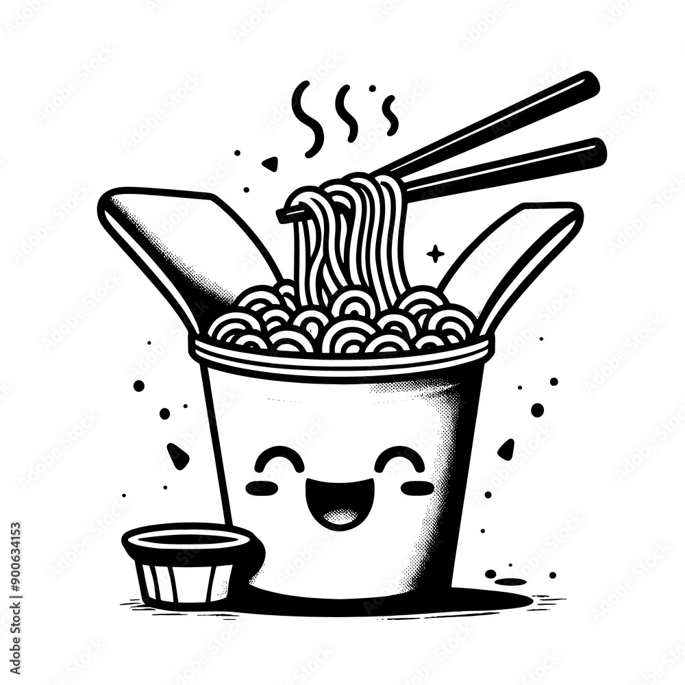 This doodle illustrates an open instant noodle cup, with noodles ...