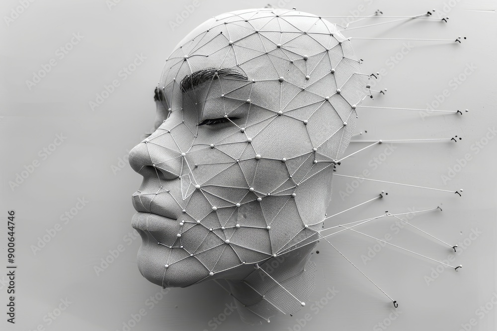 Abstract female face with interconnected neural network and digital ...