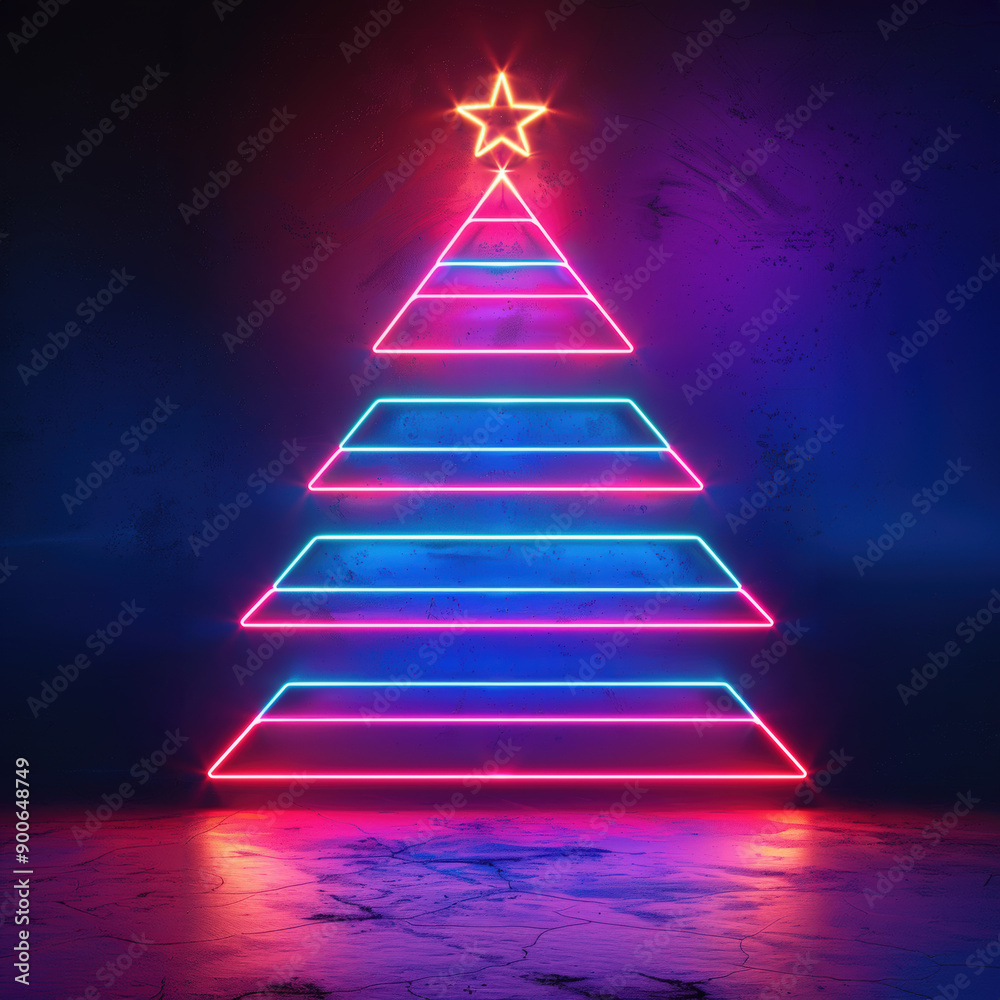 Glow neon Christmas tree on dark cement wall, blinking fir tree light ...