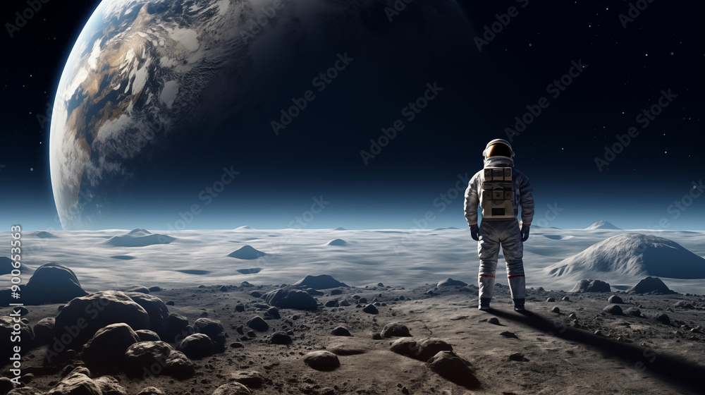 Astronaut Gazing at Earth from Lunar Surface with Rugged Moon Terrain ...