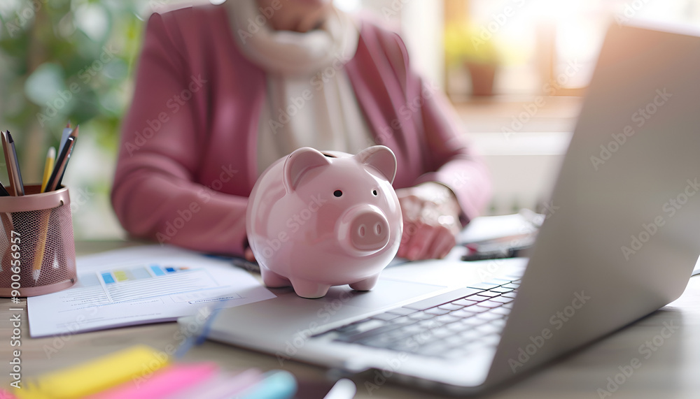 Mature business woman inserting cash into piggy bank. Female accountant ...