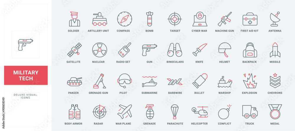 Military equipment, combat war weapon line icon set. Missile bomb and ...