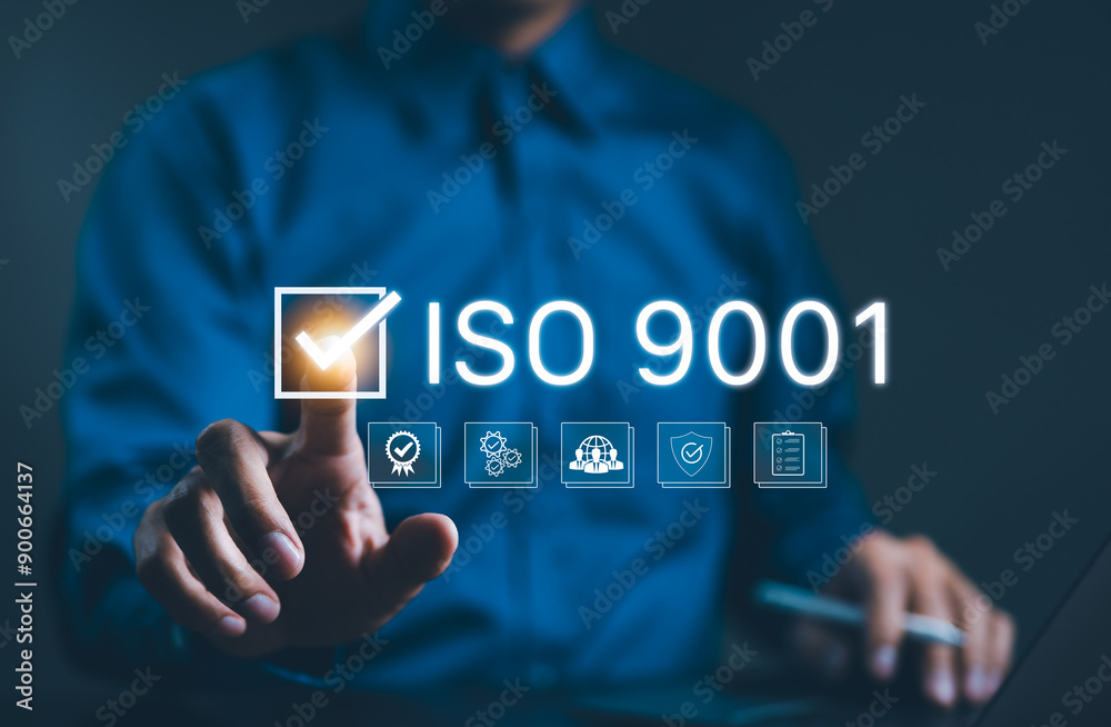 ISO 9001 Certification Concept. Businessman points to ISO 9001 with ...