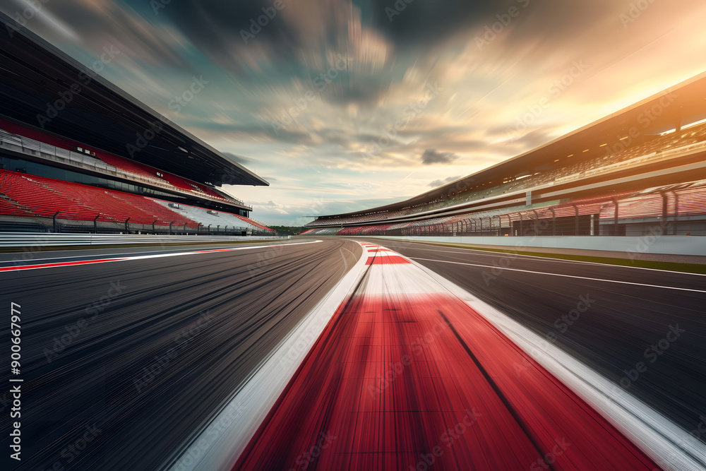 An F1 race track circuit road, depicted with motion blur, features a ...