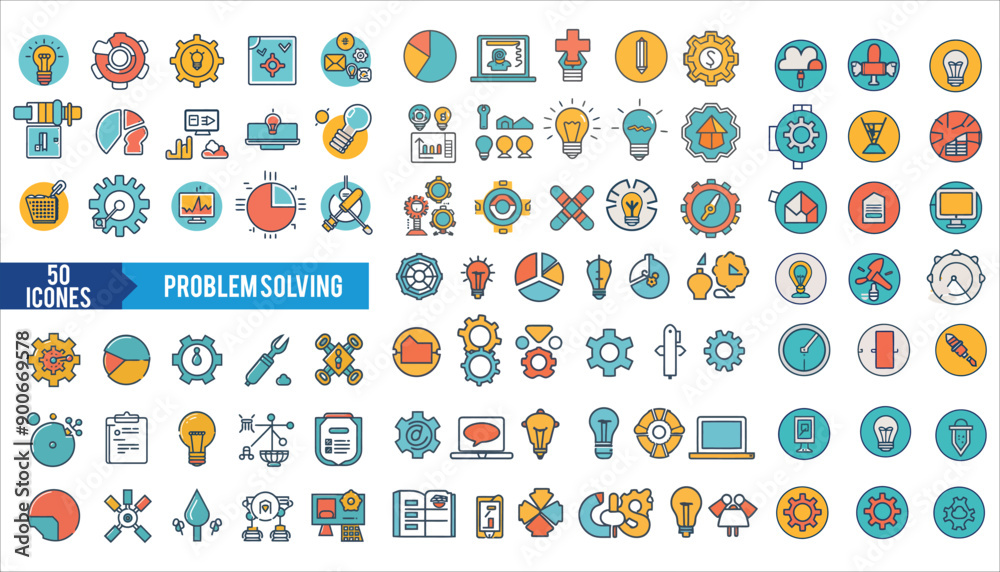 Problem solving icon collection set.Containing process, achieving goal ...