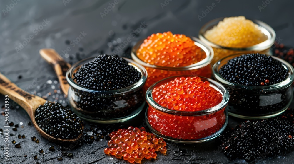 Caviar, a delicacy made from fish roe, displayed in four glass bowls ...