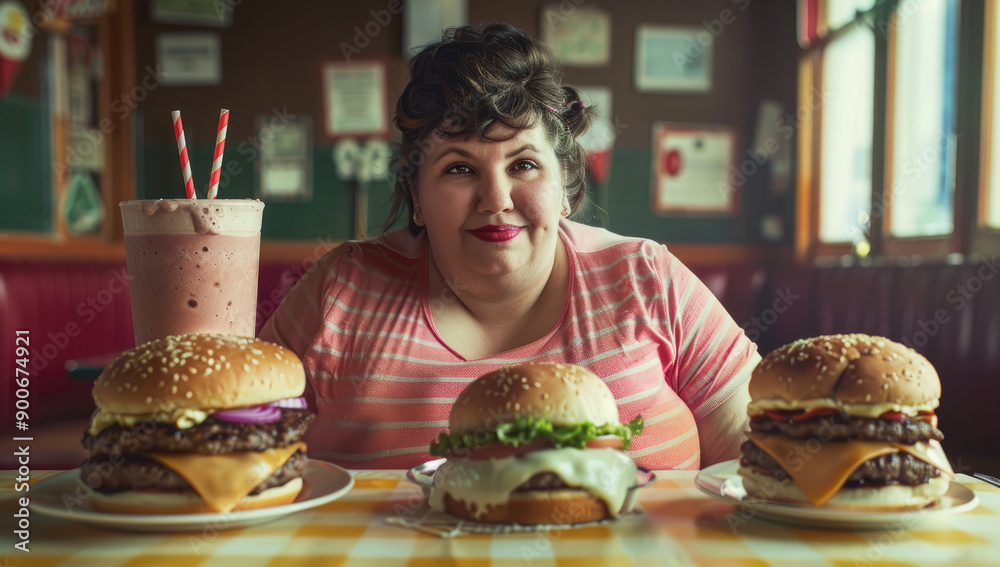 A very fat woman sitting at a table with two large burgers and ...
